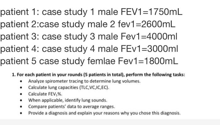 Solved patient 1: case study 1 male FEV1=1750mL patient | Chegg.com