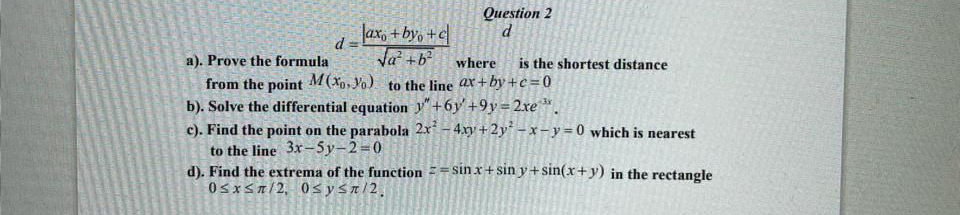 Solved Question 2d=|ax0+by0+c|a2+b22d from the point | Chegg.com