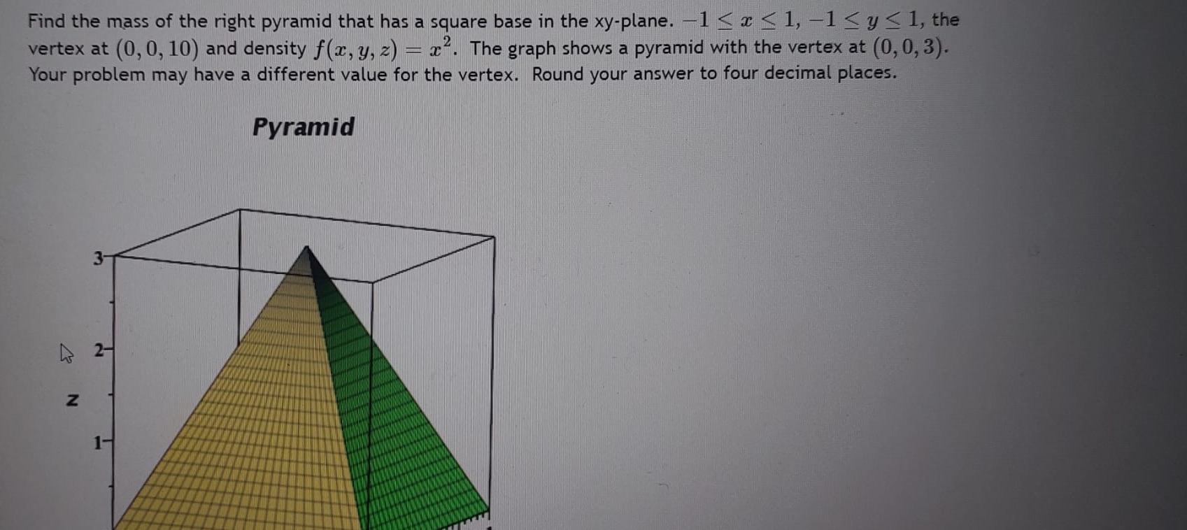 Solved Find the mass of the right pyramid that has a square | Chegg.com