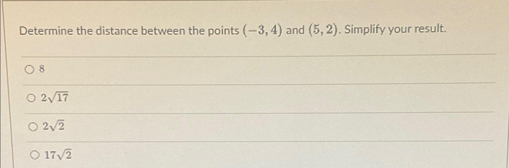 Solved Determine the distance between the points (-3,4) ﻿and | Chegg.com