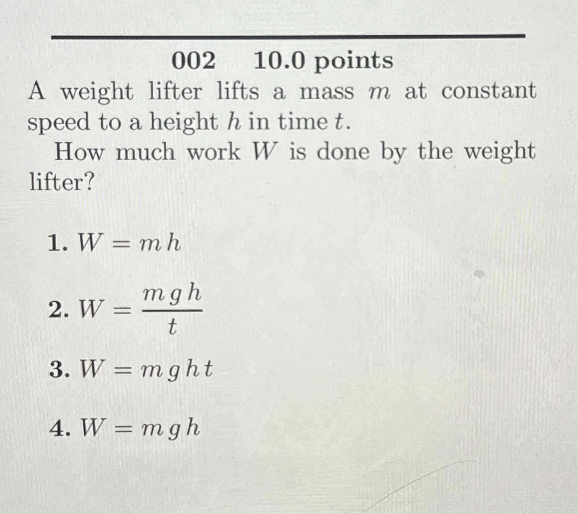 Solved 00210.0 ﻿pointsA weight lifter lifts a mass m ﻿at | Chegg.com