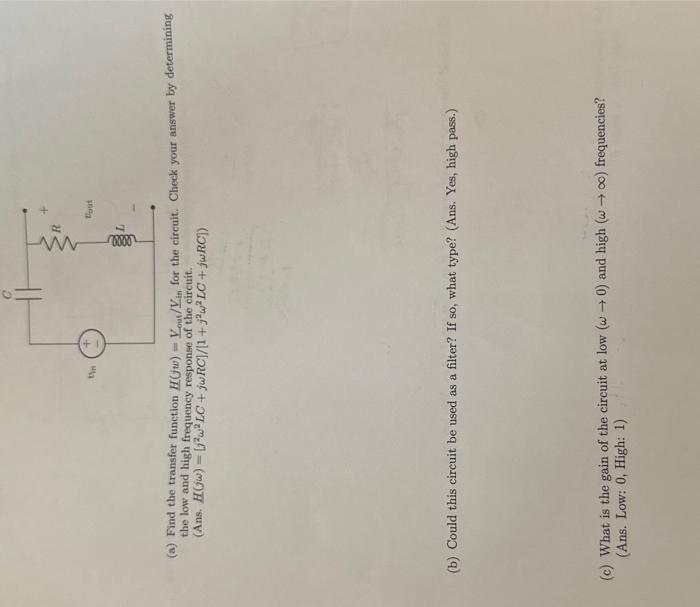 Solved (a) Find the transfer function H(jw)=Vout /Vin for | Chegg.com