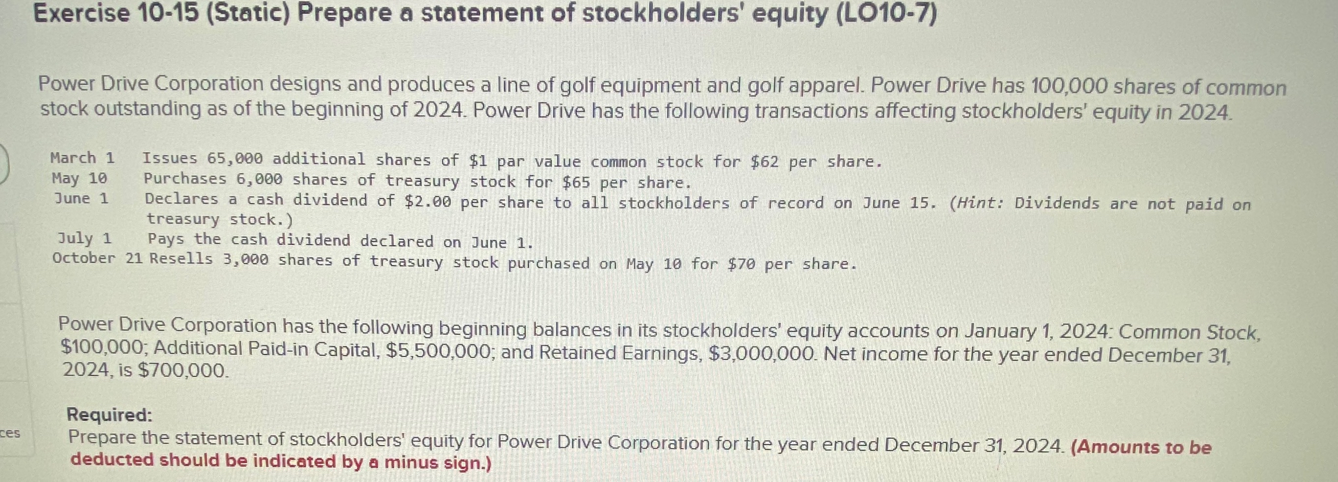 Solved Exercise 10-15 (Static) ﻿Prepare a statement of | Chegg.com