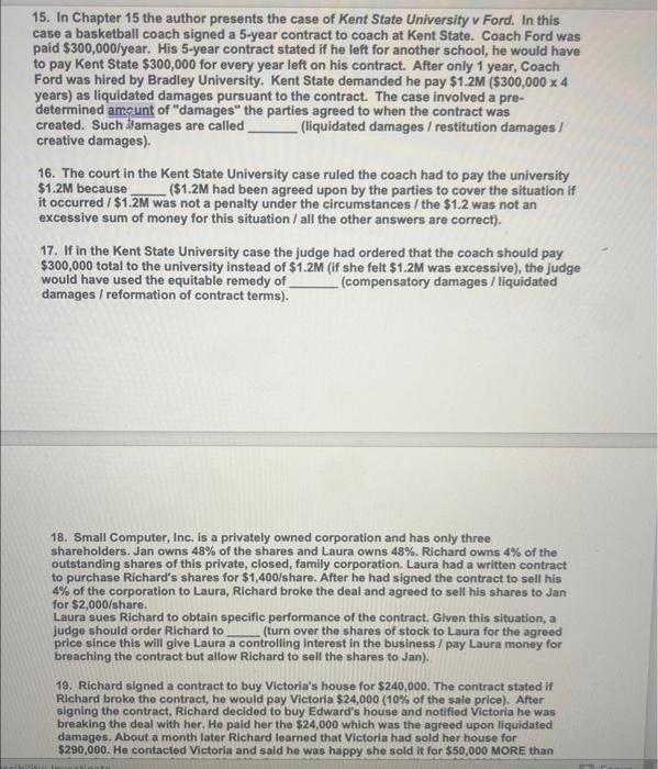 Part 1 - Contract Damages - Highlight Correct Answer | Chegg.com