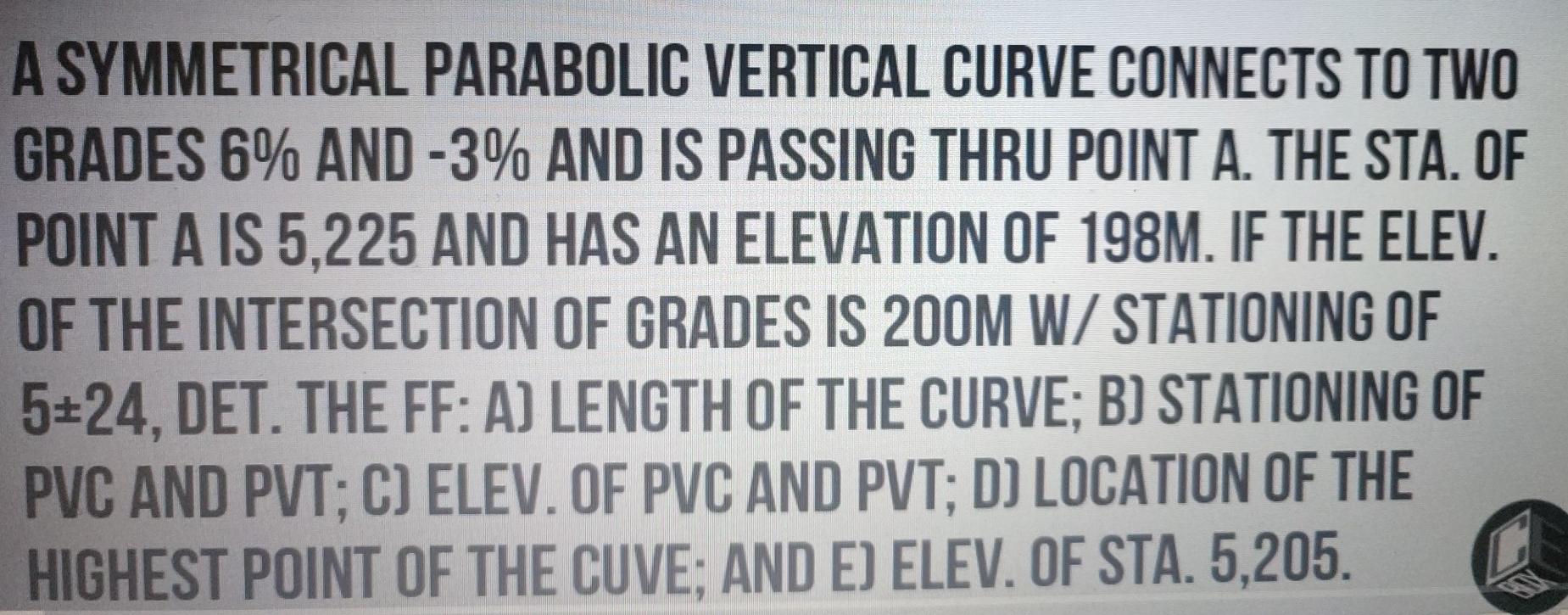 Solved A SYMMETRICAL PARABOLIC VERTICAL CURVE CONNECTS TO | Chegg.com