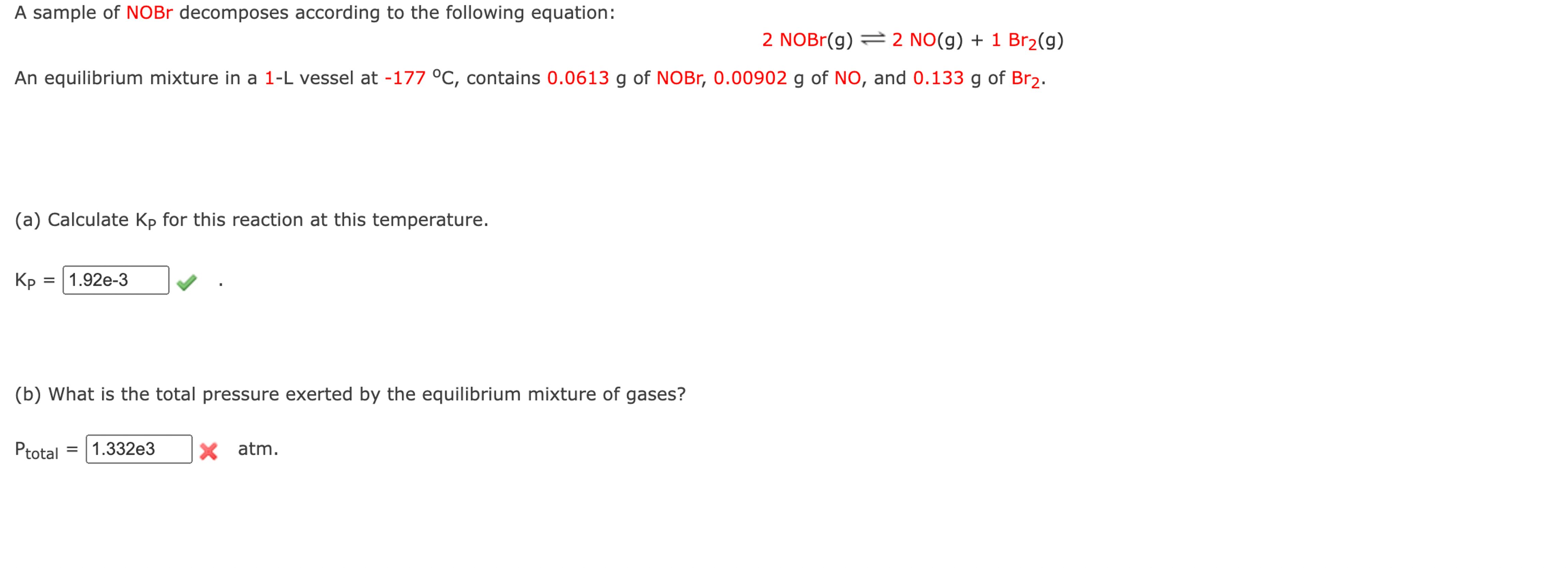 Solved A sample of NOBr decomposes according to the | Chegg.com