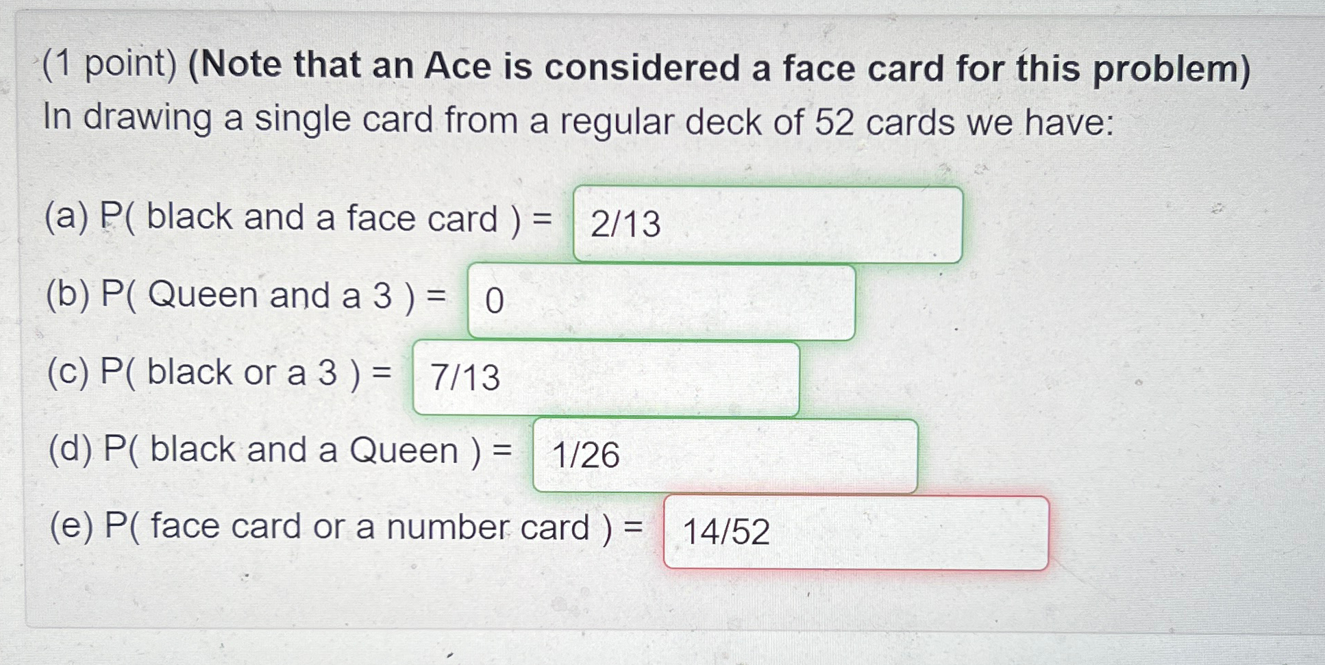 Solved (1 ﻿point) (Note that an Ace is considered a face | Chegg.com