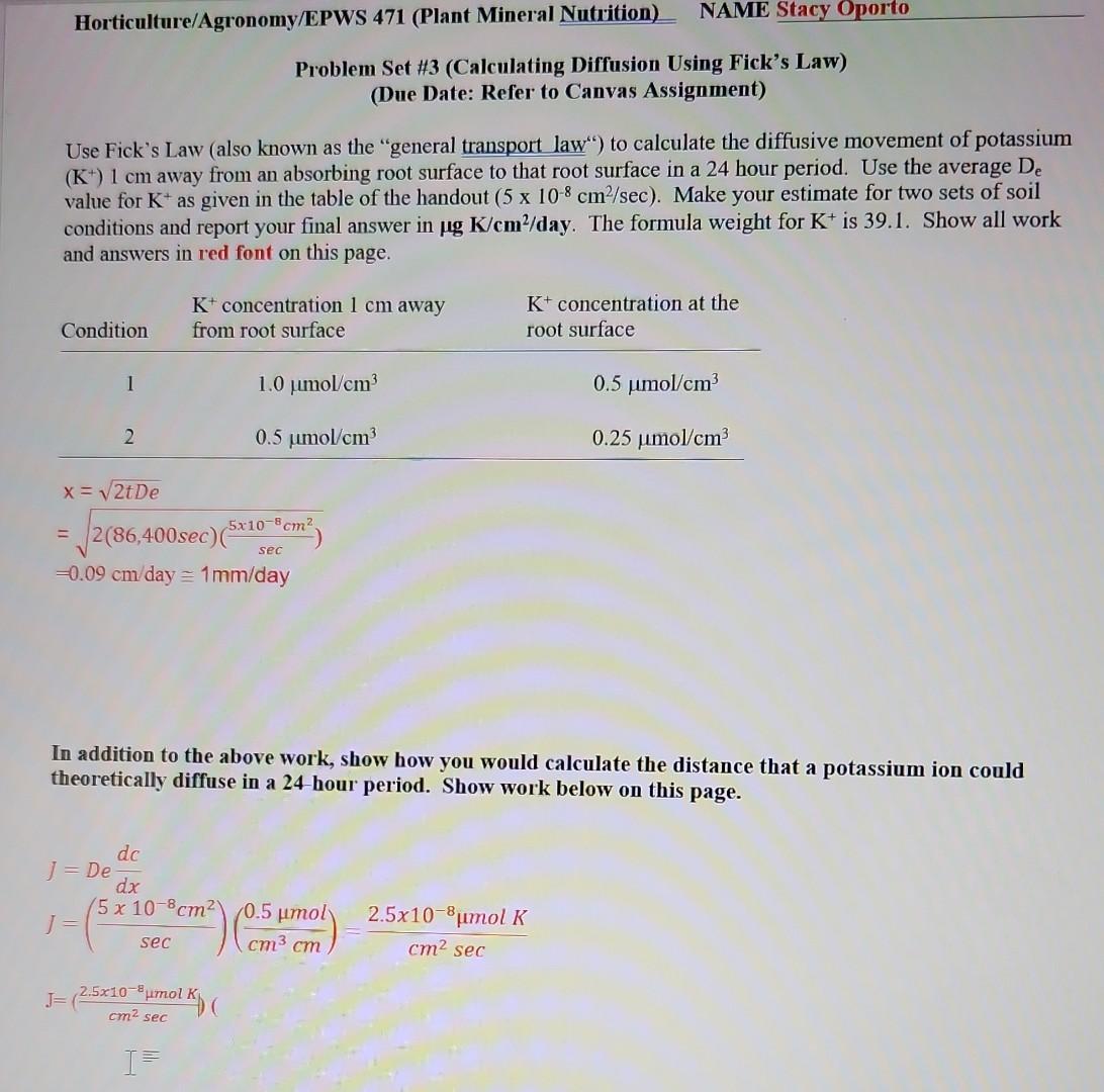 Solved Problem Set \#3 (Calculating Diffusion Using Fick’s | Chegg.com