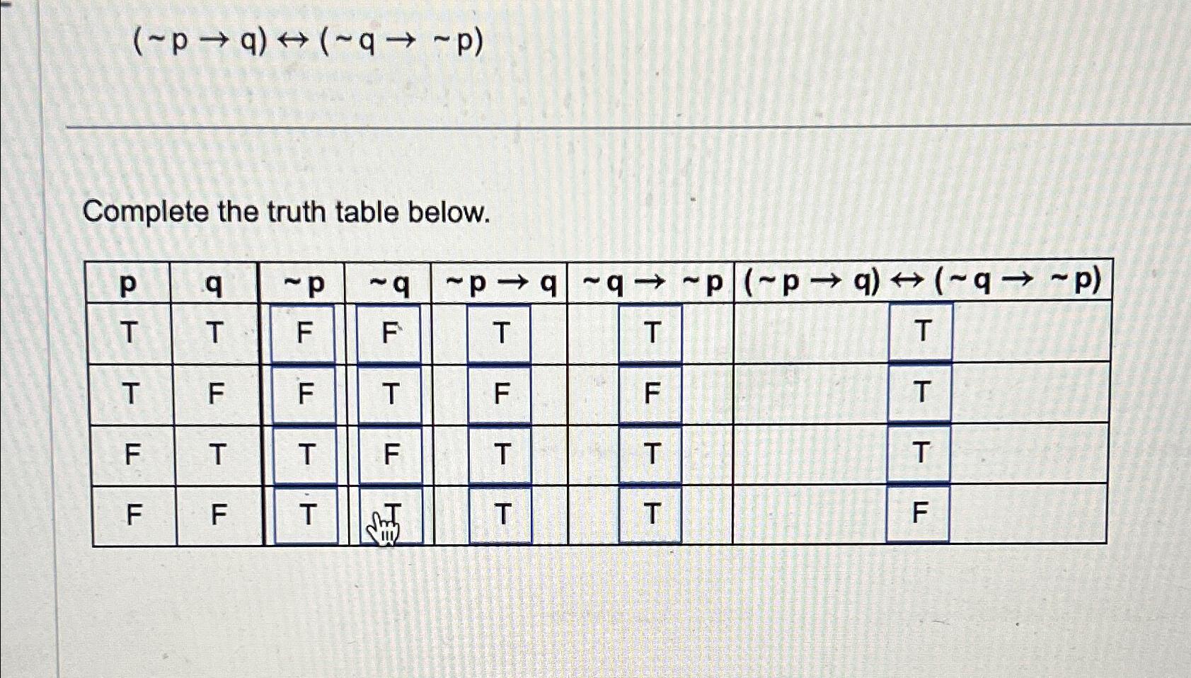 Solved (∼p→q)double ﻿arrow(∼q→∼p)Complete the truth table | Chegg.com