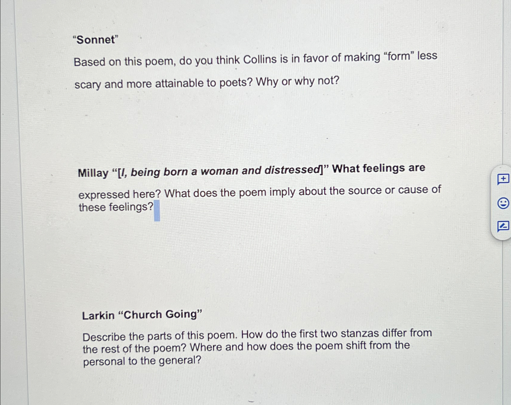 Solved "Sonnet"Based on this poem, do you think Collins is | Chegg.com