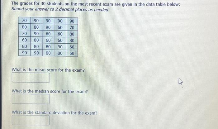 Solved The grades for 30 students on the most recent exam | Chegg.com