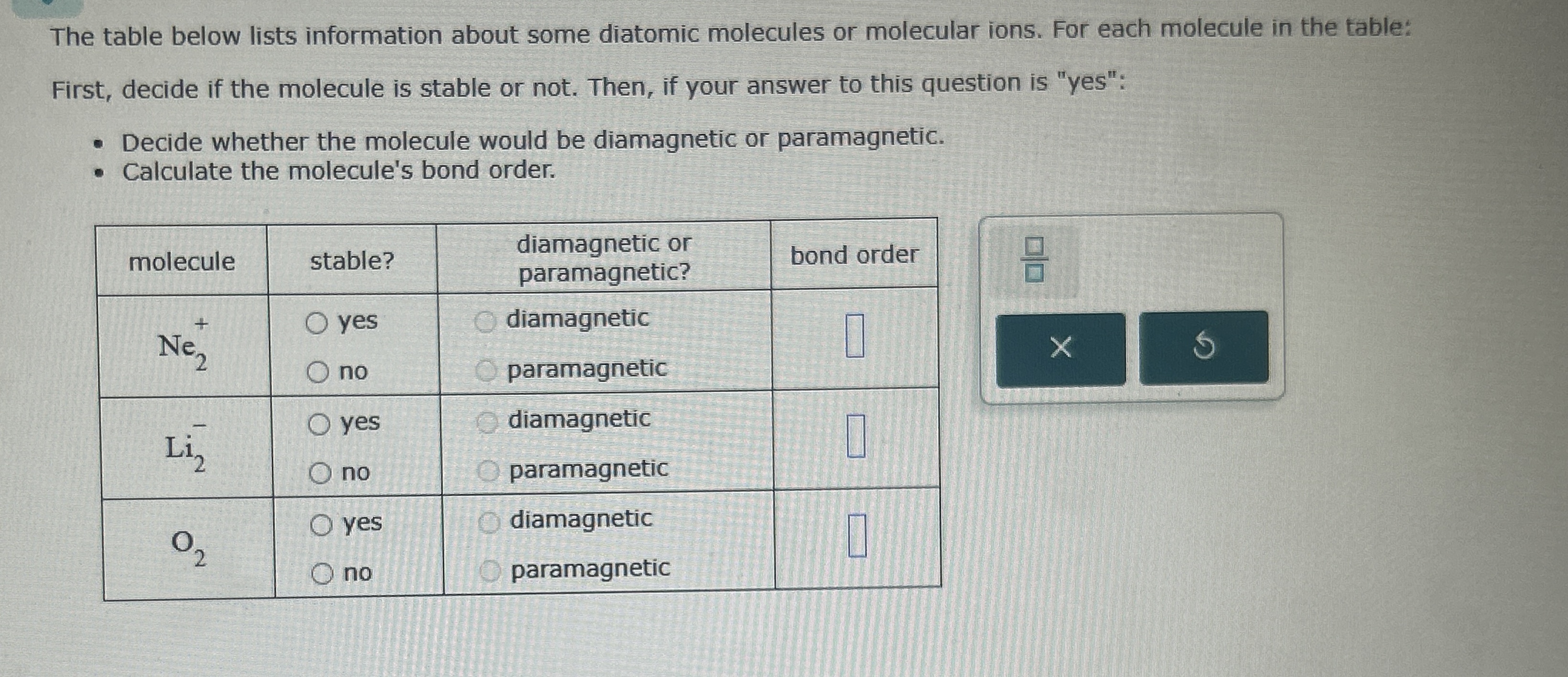 Solved The table below lists information about some diatomic | Chegg.com