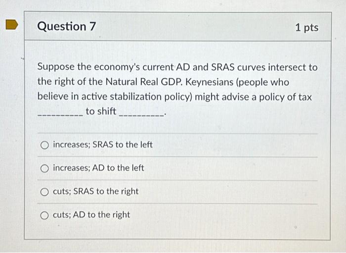 Solved Question 7 Suppose the economy's current AD and SRAS | Chegg.com