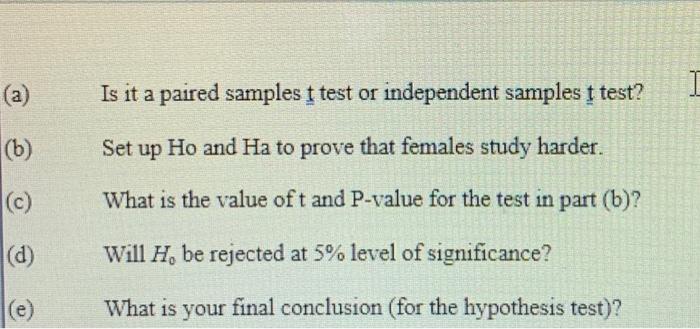 Solved 5. (7) To see if female math majors study harder than | Chegg.com