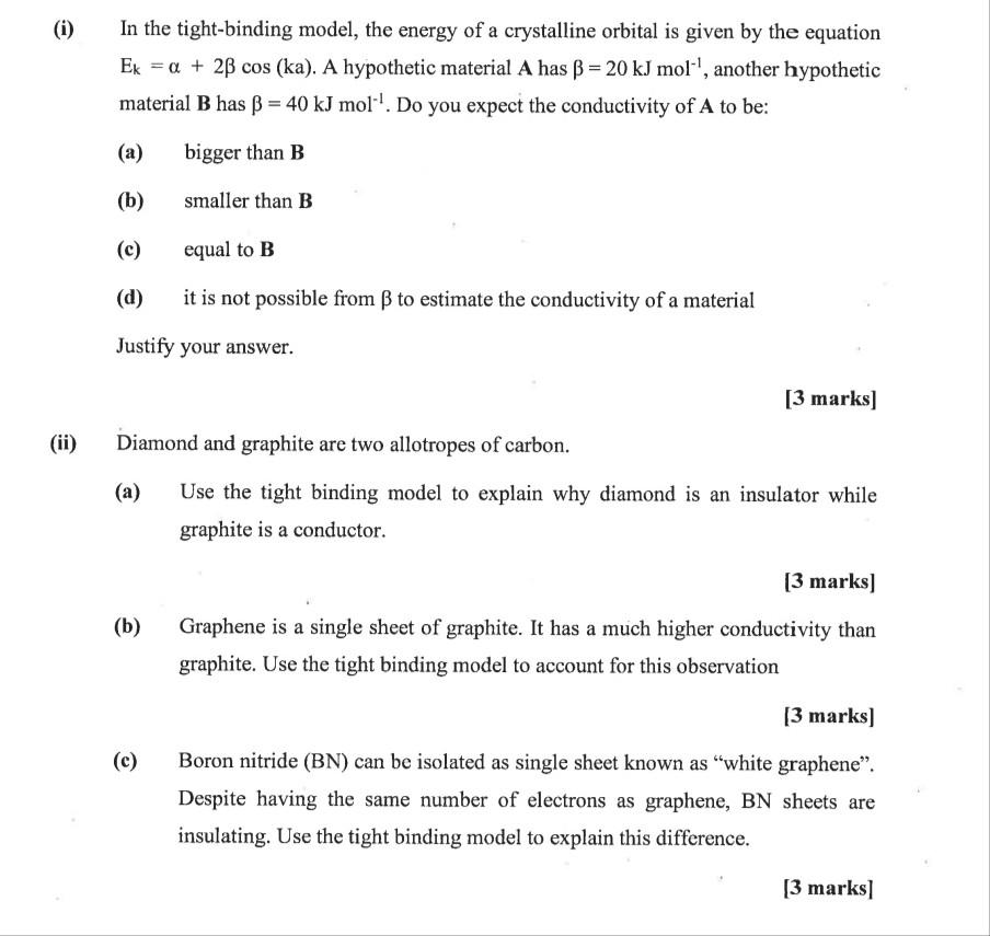 Solved (i) In the tight-binding model, the energy of a | Chegg.com