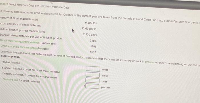 Solved Indard Direct Materials Cost per Unit from Variance | Chegg.com