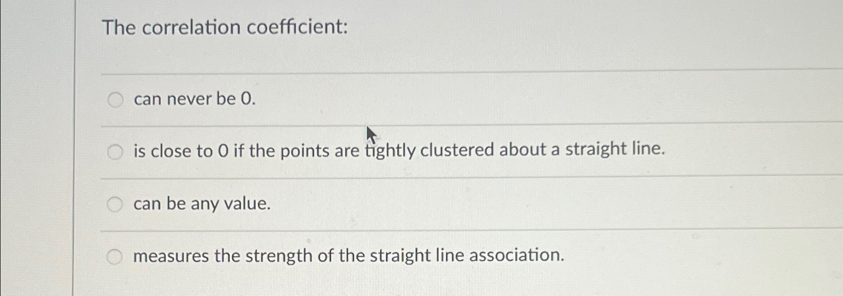 Solved The correlation coefficient:can never be 0 .is close | Chegg.com
