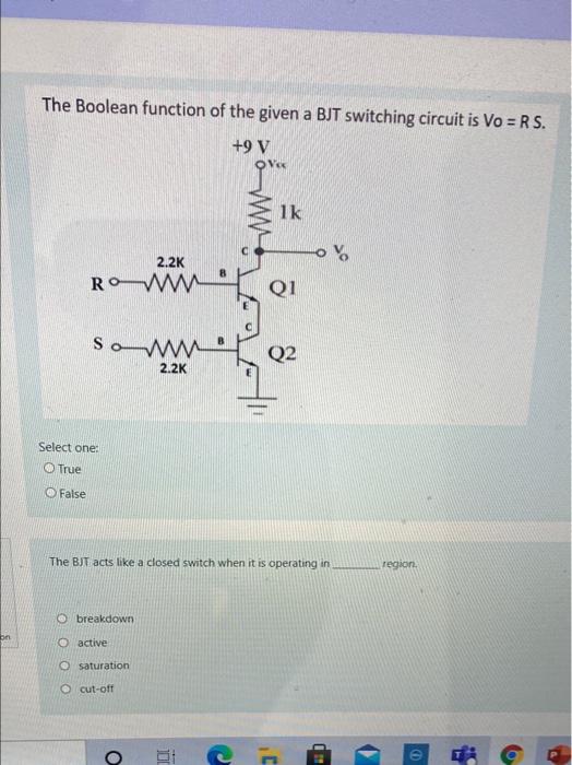 Solved The Boolean function of the given a BJT switching | Chegg.com