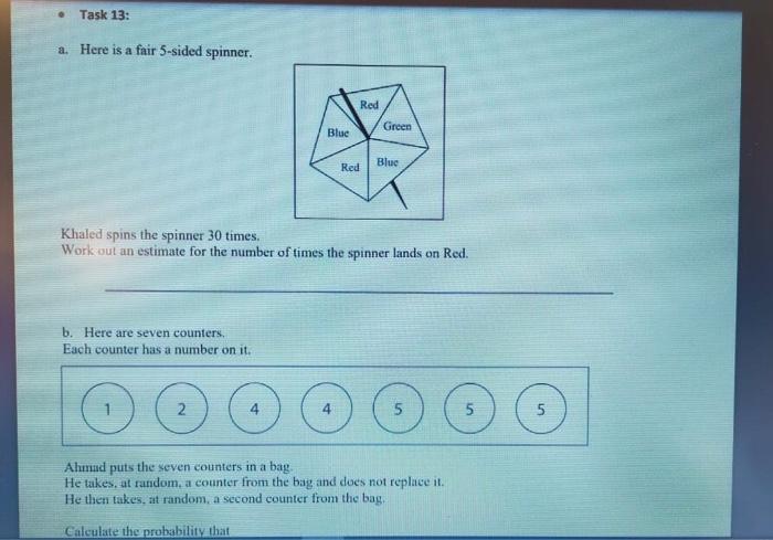 Solved Task 13: a. Here is a fair 5-sided spinner. Red Green | Chegg.com