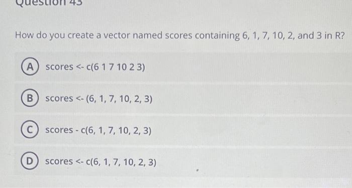 Solved How do you create a vector named scores containing | Chegg.com