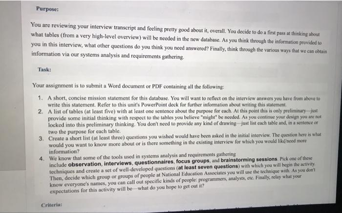 Solved Purpose: You are reviewing your interview transcript | Chegg.com