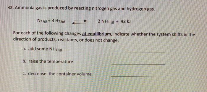 Solved 32. Ammonia gas is produced by reacting nitrogen gas | Chegg.com