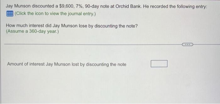 Solved Jay Munson discounted a $9,600,7%,90-day note at | Chegg.com