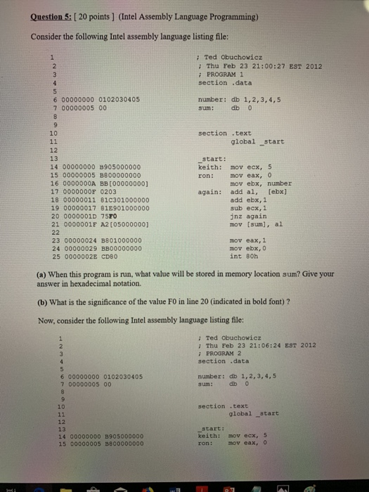 Question 5:20 points ) (Intel Assembly Language | Chegg.com