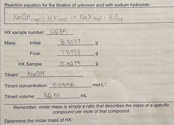 Solved Reaction equation for the titration of unknown acid | Chegg.com