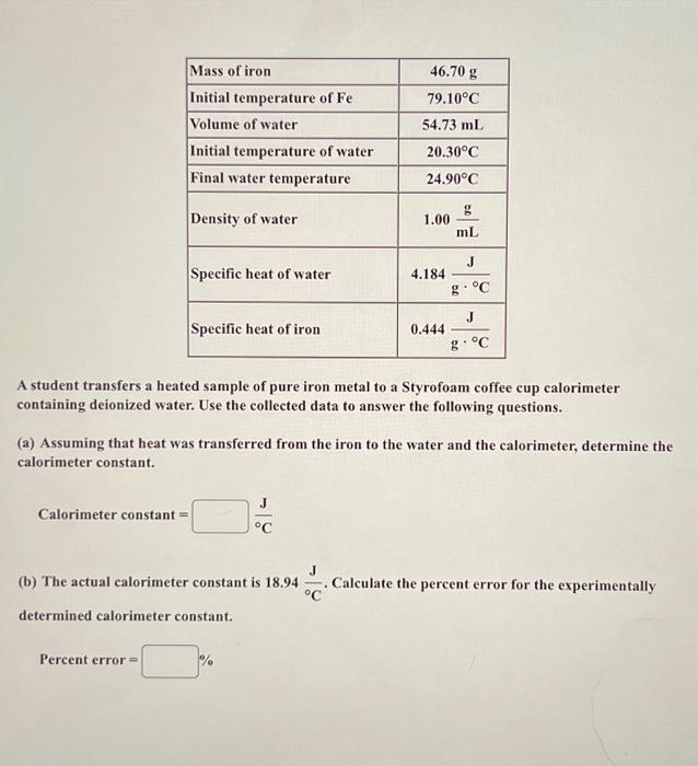 Solved (b) The actual calorimeter constant is 18.94∘CJ. | Chegg.com