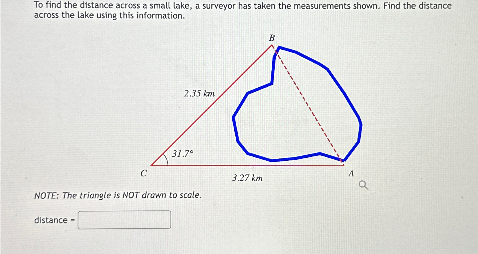 Solved To find the distance across a small lake, a surveyor | Chegg.com