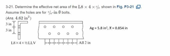 Solved 3-21. Determine the effective net area of the L8 | Chegg.com
