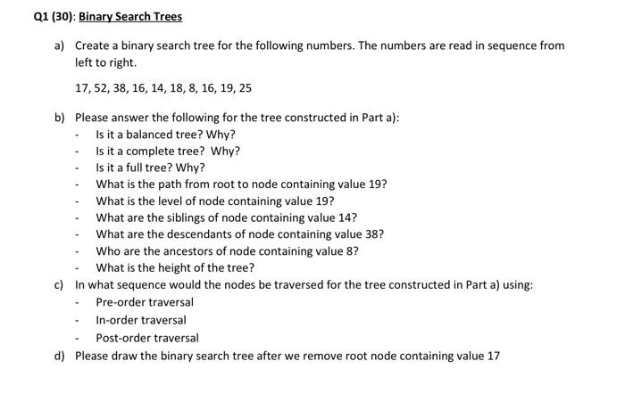 Solved Q1 (30): Binary Search Trees a) Create a binary | Chegg.com
