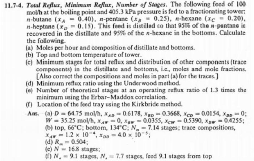 Solved 11.7-4. Total Reflux, Minimum Reflux, Number of | Chegg.com