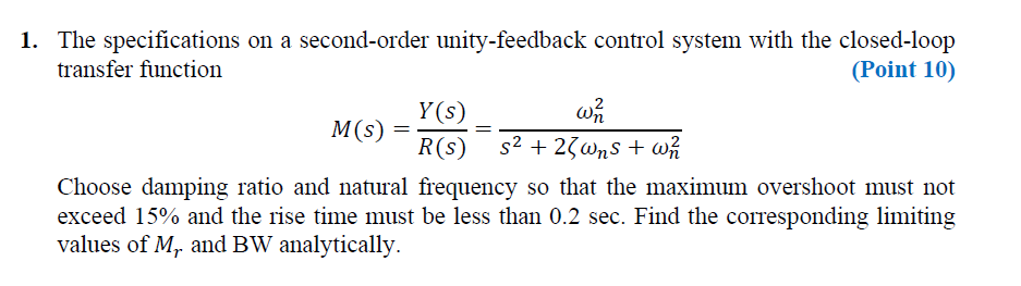 Solved The specifications on a second-order unity-feedback | Chegg.com