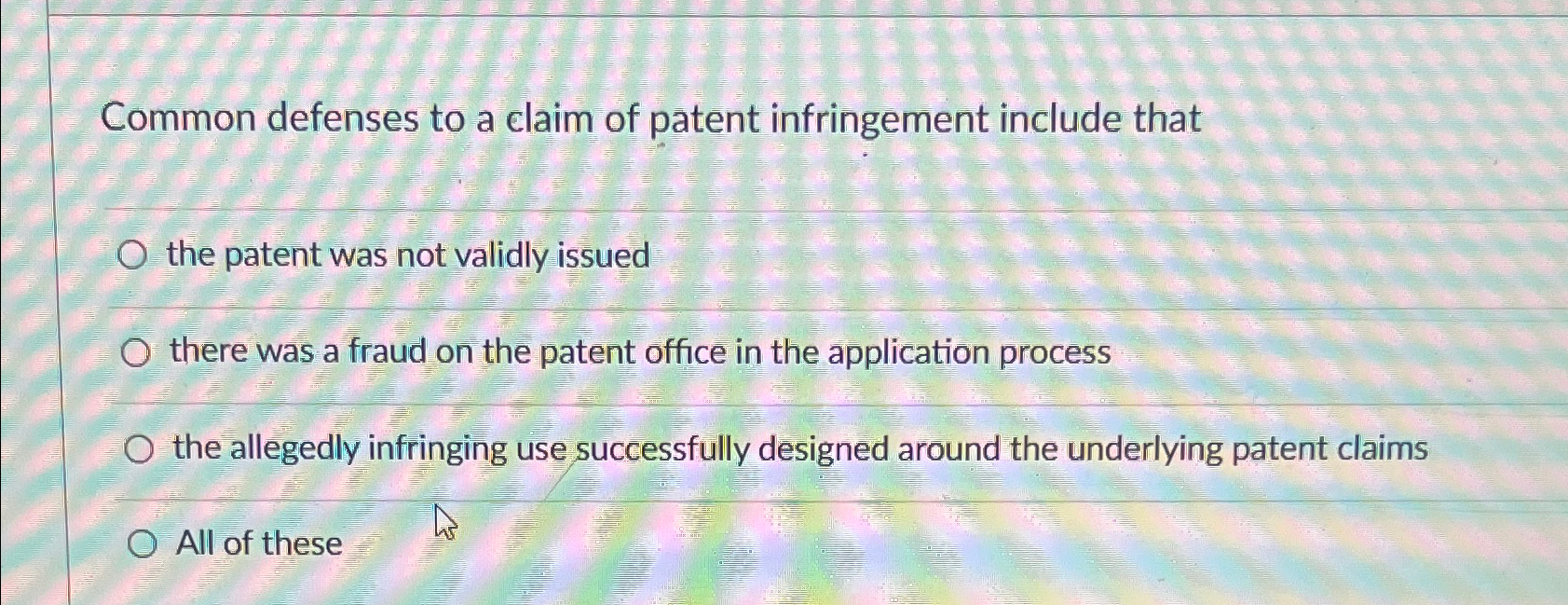 Solved Common defenses to a claim of patent infringement | Chegg.com