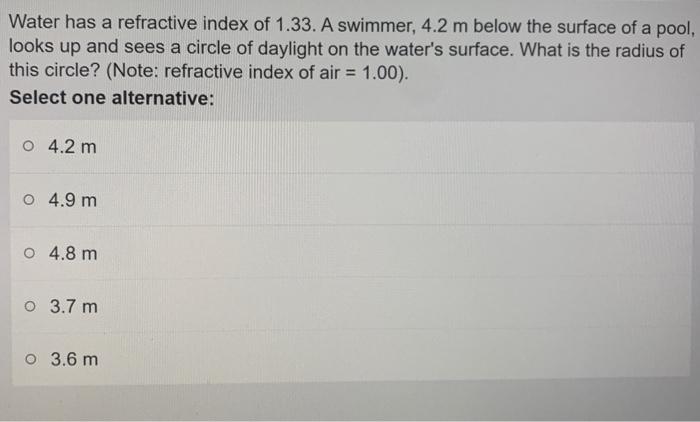 Solved Water has a refractive index of 1.33. A swimmer, 4.2 | Chegg.com