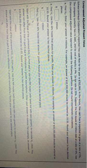 Solved Compressed Adjusted Present Value Schwarzentraub | Chegg.com