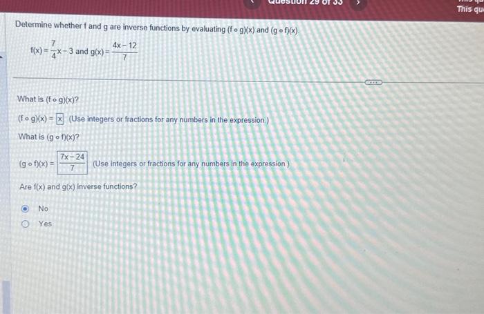 Solved Determine whether f and g are inverse functions by | Chegg.com