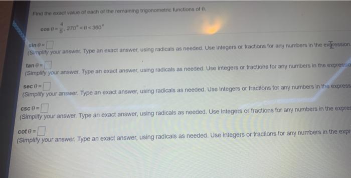 Solved Find the exact value of each of the remaining | Chegg.com