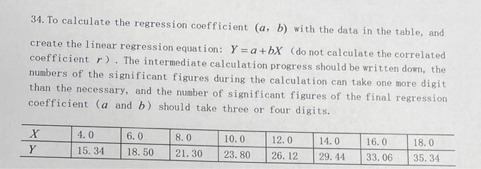 Solved 34. To calculate the regression coefficient (a,b) | Chegg.com