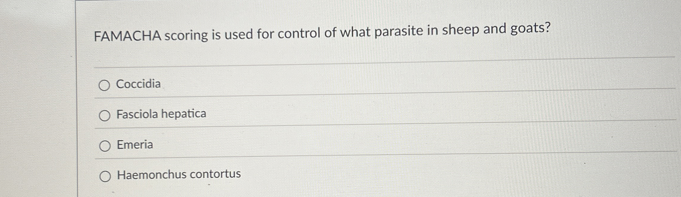 Solved FAMACHA scoring is used for control of what parasite | Chegg.com