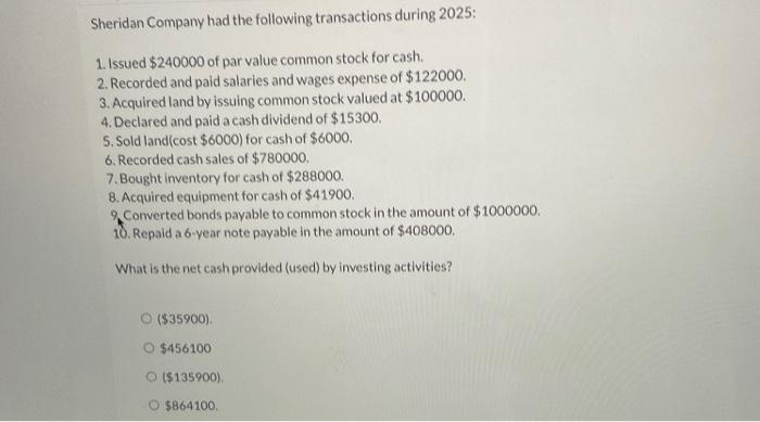 Solved Sheridan Company had the following transactions | Chegg.com