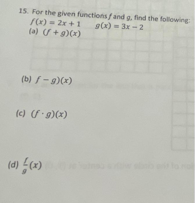 Solved 15. For the given functions f and g, find the | Chegg.com