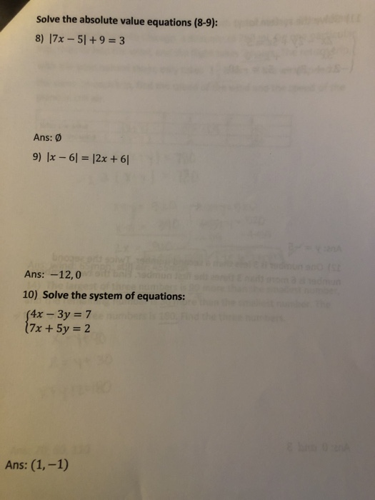 Solved Solve the absolute value equations (8-9): 8) | Chegg.com