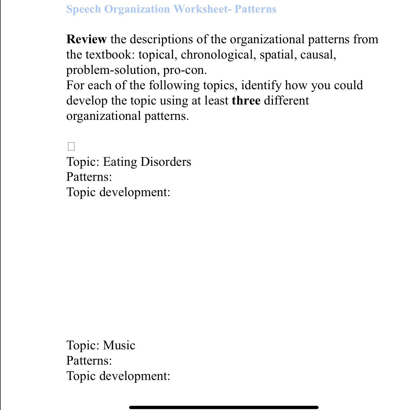 Solved Speech Organization Worksheet- ﻿PatternsReview the | Chegg.com