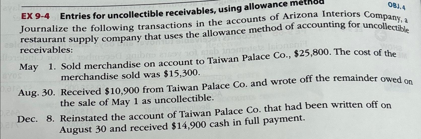 Solved EX 9-4 ﻿Entries for uncollectible receivables, using | Chegg.com