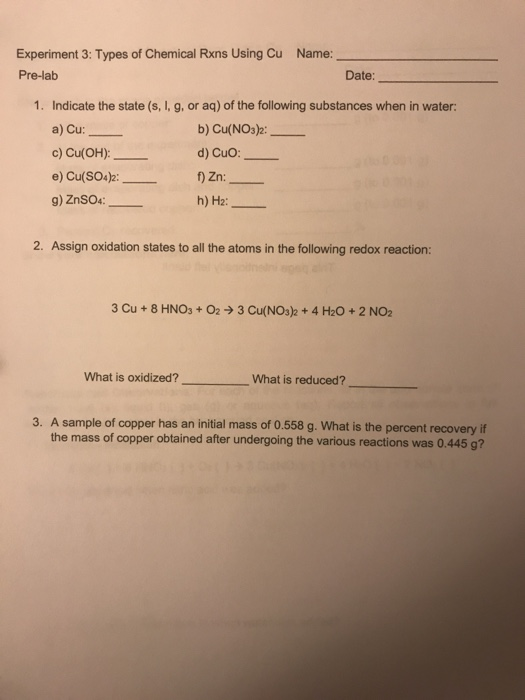 Solved Experiment 3: Types of Chemical Rxns Using Cu Name: | Chegg.com
