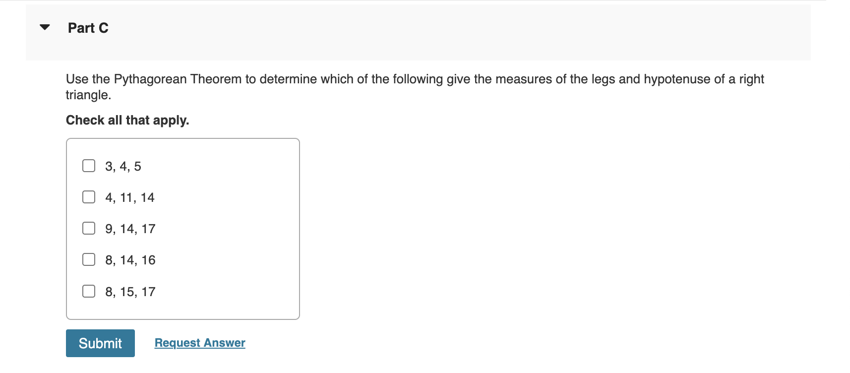 Solved Part CUse the Pythagorean Theorem to determine which | Chegg.com
