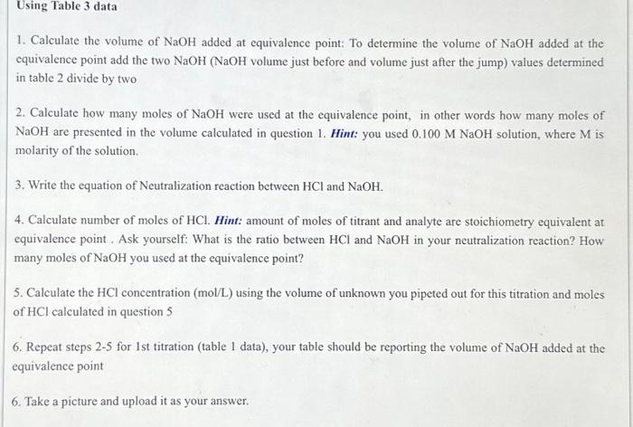 Solved Using Table 3 data 1. Calculate the volume of NaOH | Chegg.com